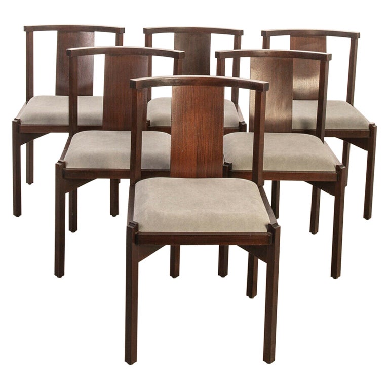 Set of Six Vintage 60's Chairs in Wood and Gray Fabric Italian Design ...
