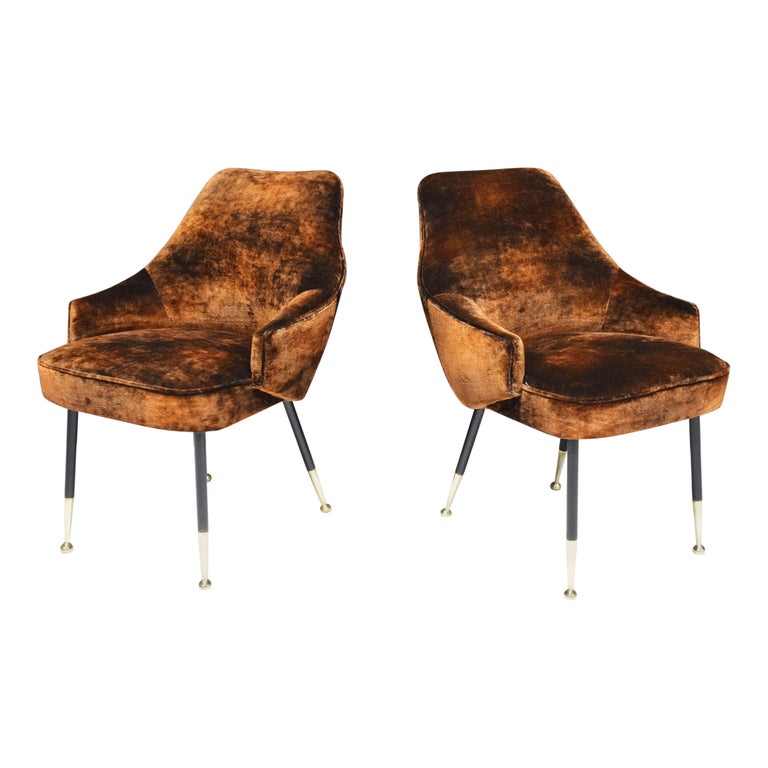 Italian Side Chairs, 1950s, in Parisien Velvet with Brass Tipped Legs ...