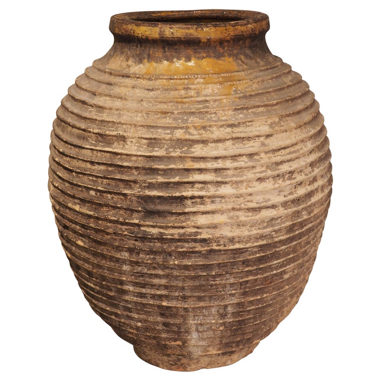 Large Antique Greek Terra Cotta Oil Pot with Partial Ochre Glaze, 19th ...