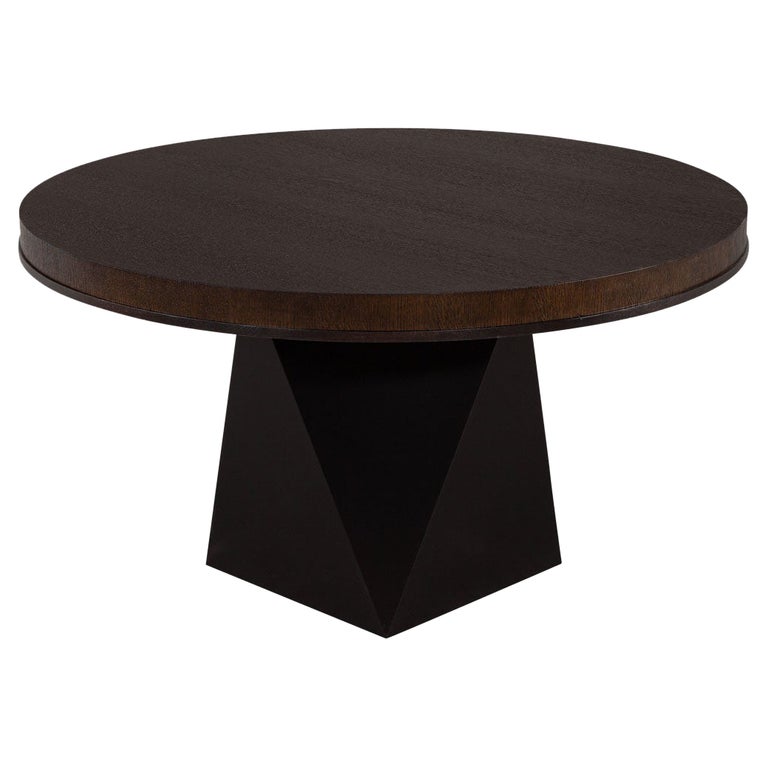 Round Modern Oak Dining Table with Black Geometric Base at 1stDibs