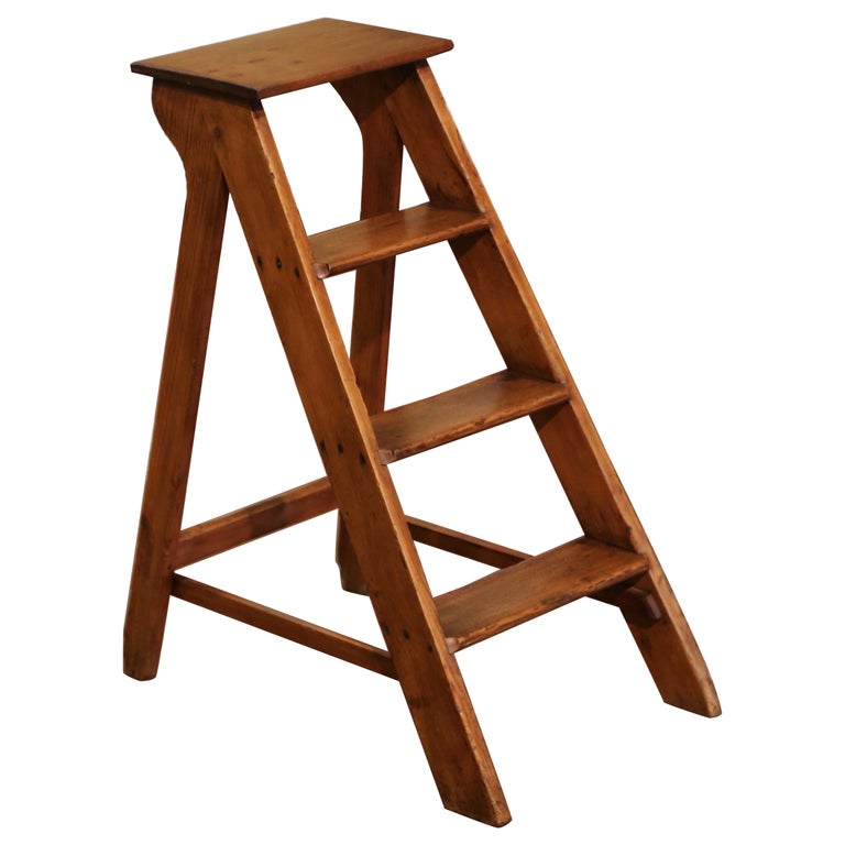 Early 20th Century, French Country Carved Pine Four-Step Library Ladder ...