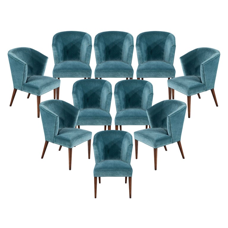 Set of 10 Modern Walnut Dining Chairs in Turquoise Designer Velvet For ...