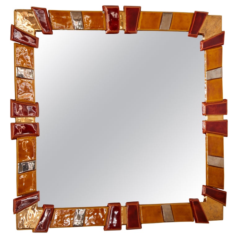 1970s Orange, Amber, Gold Ceramic Square Mirror For Sale at 1stDibs