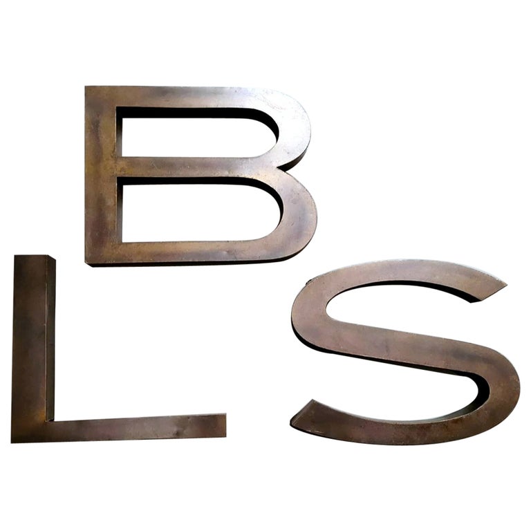 Industrial Style Vintage BLS Letters In Burnished Brass Plate at 1stDibs