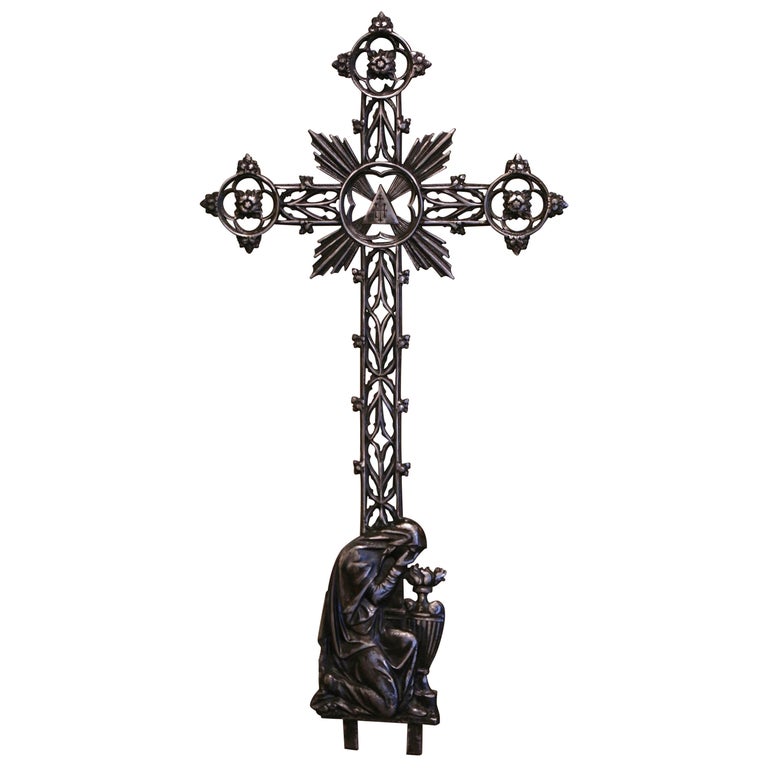 19th Century, French Polished Iron Catholic Cross with Virgin Mary ...