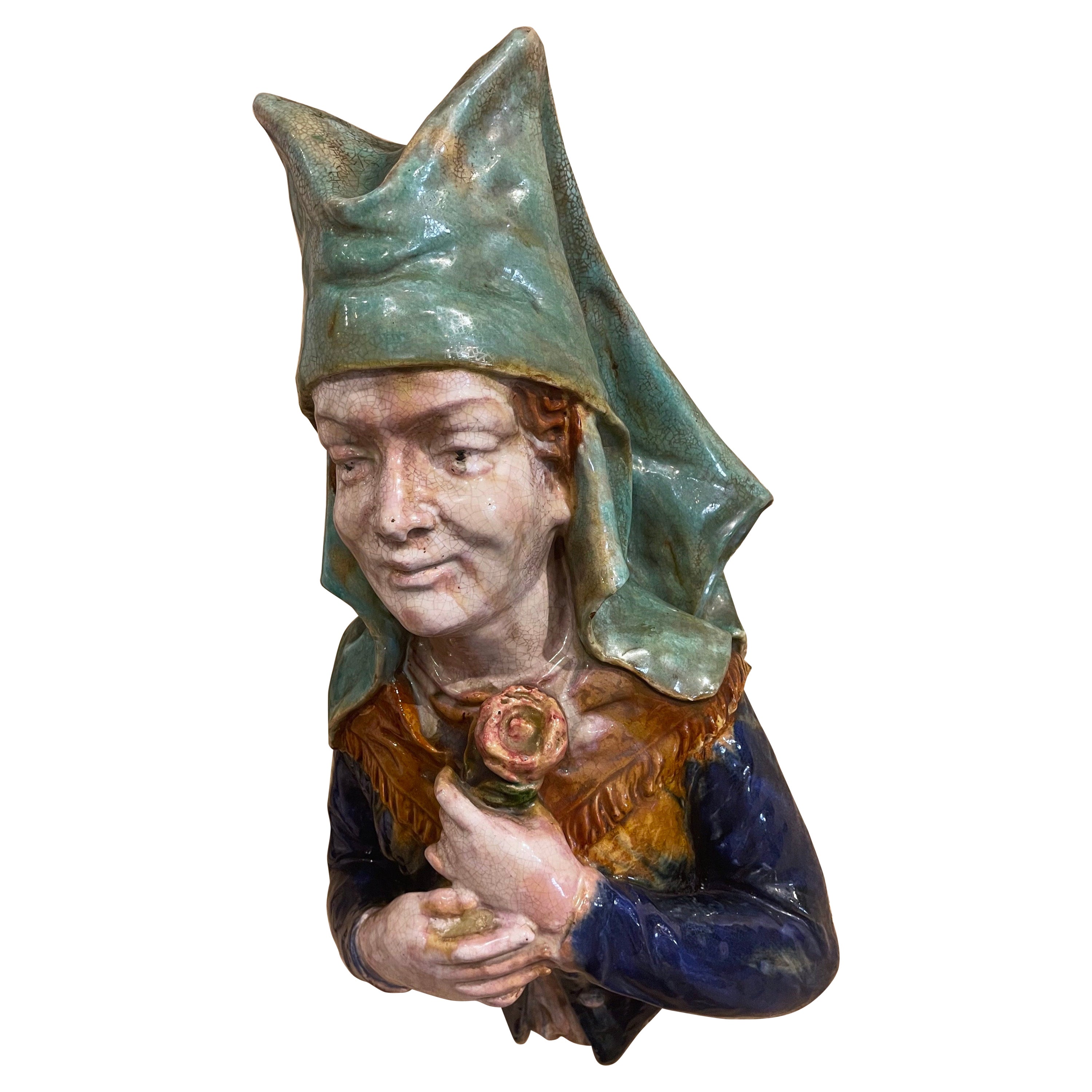 19th Century French Hand Painted Paper Mâché Marotte Bust at 1stDibs