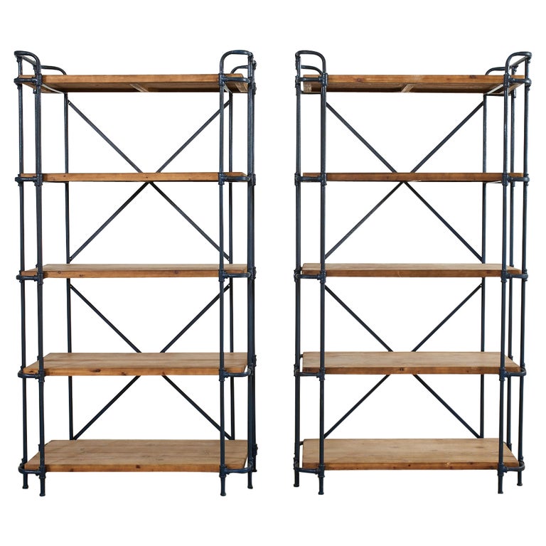 Pair of Industrial Style Five Shelf Bookcase Etageres For Sale at 1stDibs