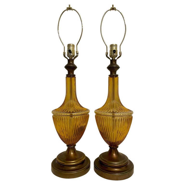Pair Mid Century Amber Glass Lamps For Sale at 1stDibs