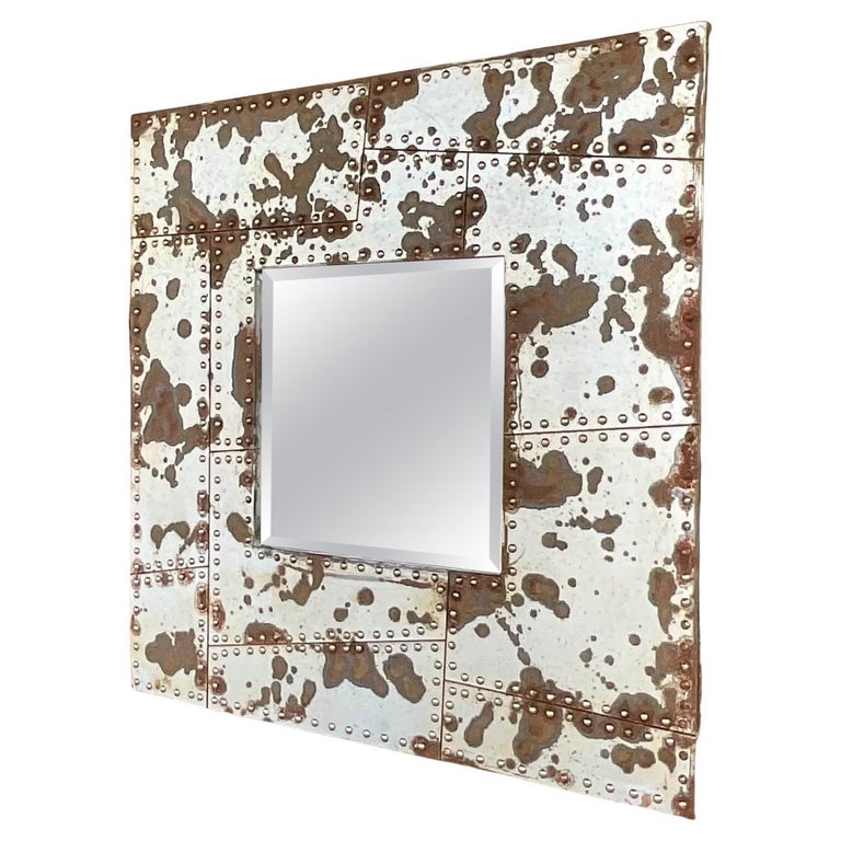 Vintage Contemporary Studded and Oxidized Steel Mirror For Sale at 1stDibs