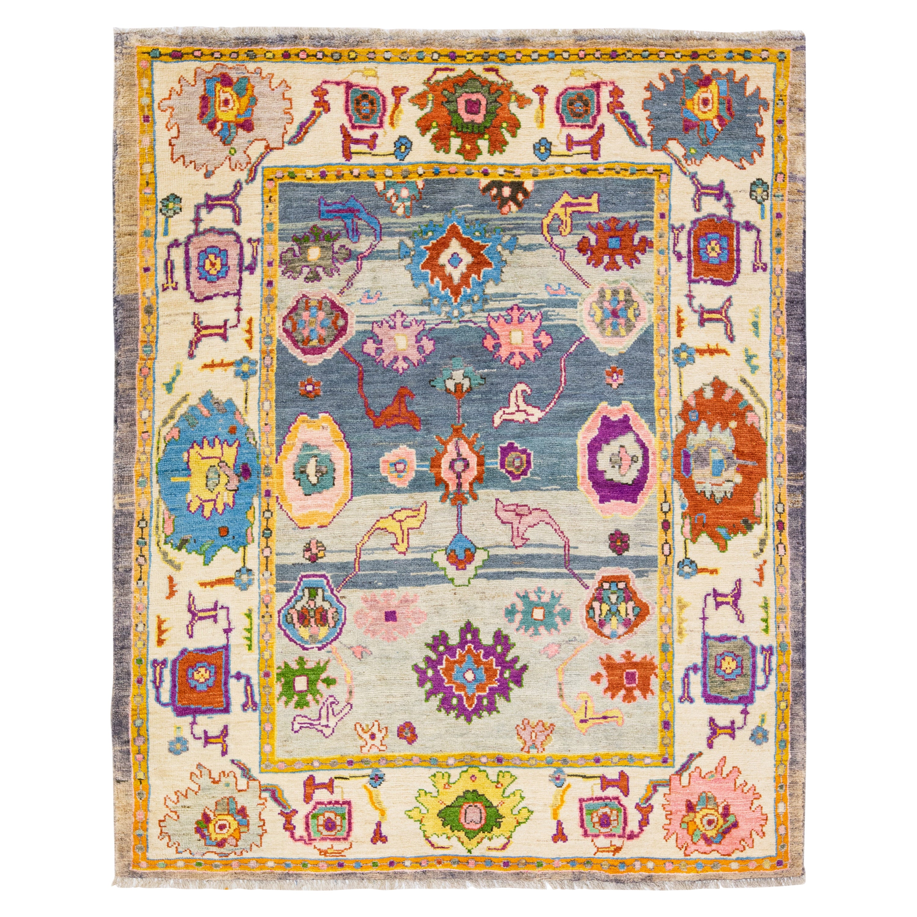 Midcentury Yellow, Beige and Blue Handmade Wool Bezalel Rug at 1stDibs