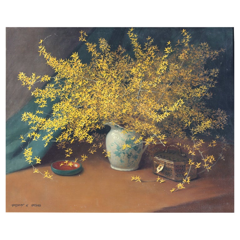 Herbert E. ABRAMS Forsythia and Blue Painting, Oil on Canvas For Sale ...