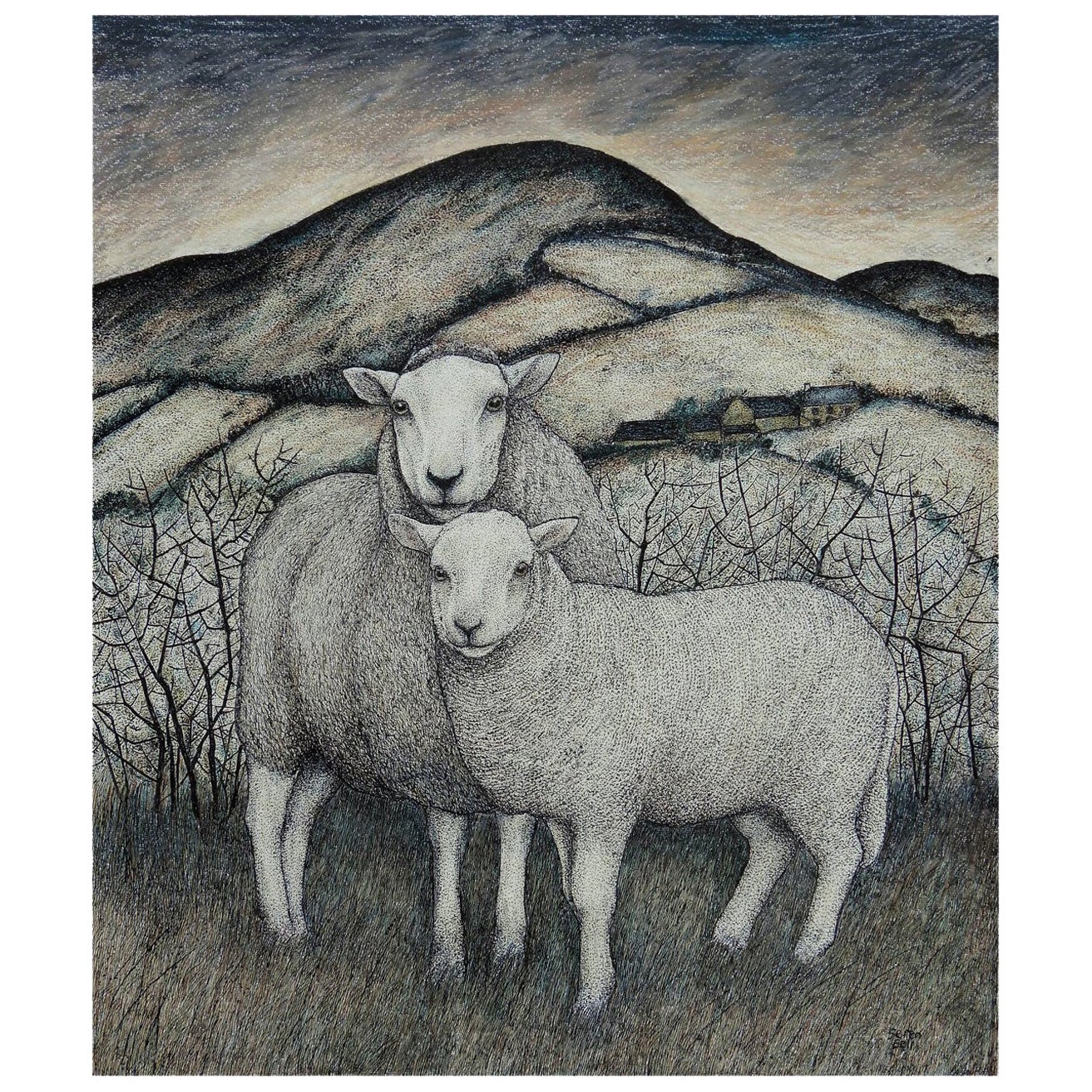 Seren Bell, Welsh Artist, Mixed Media on Paper, Ewe and Lamb, Radnor ...