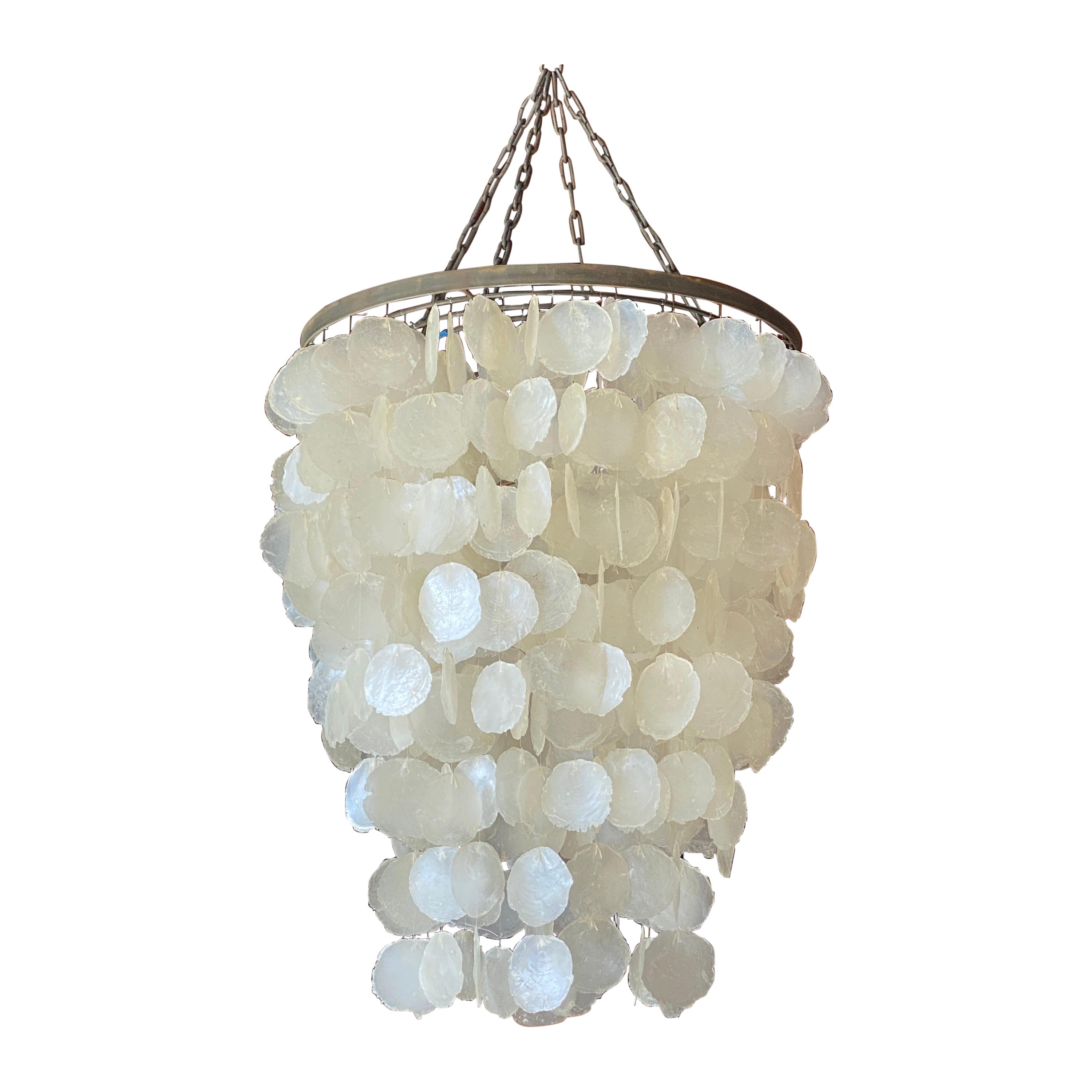Large Mid-Century Three-Arm Tiered Capiz Shell Teardrop Chandelier For ...