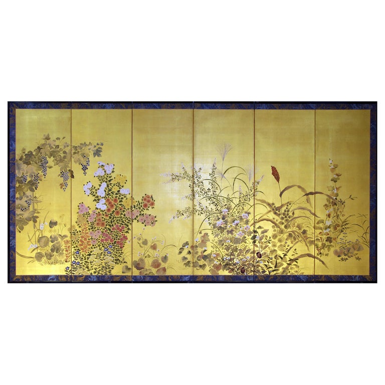 Six-Panel Japanese Screen on Golden Silk For Sale at 1stDibs