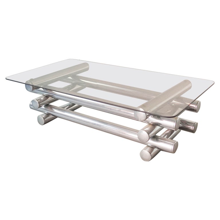 Tubular Chrome and Glass Italian Coffee Table, 1970's at 1stDibs