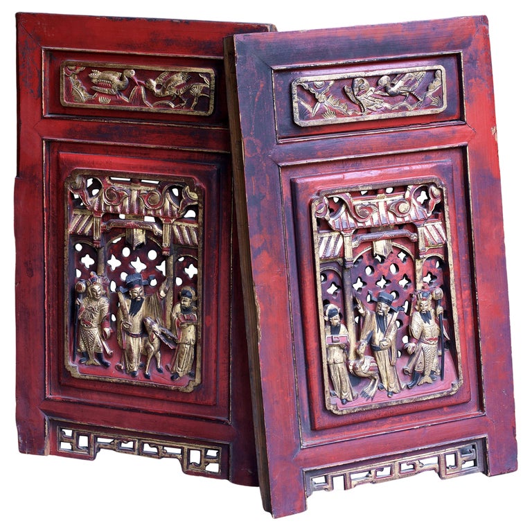 Red Chinese Wedding Doors Shutters Wall Art Rustic Red Lacquered Gilt ...