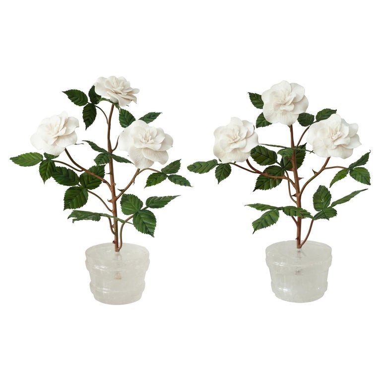 Pair of Samuel Mazy Porcelain Rose Bush Sculptures with Rock Crystal ...