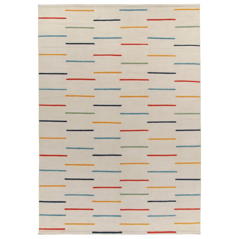 Rug and Kilim’s Modern Custom Kilim in Multicolor Striations on White ...