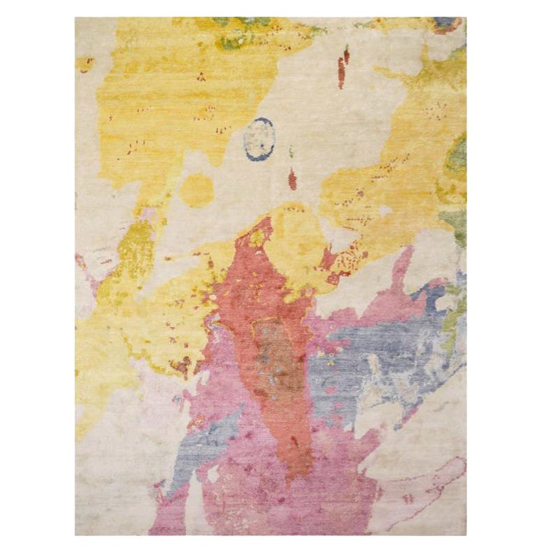 Abstract Silk and Wool Rug, Design in Soft Colors over Orange and Gray ...