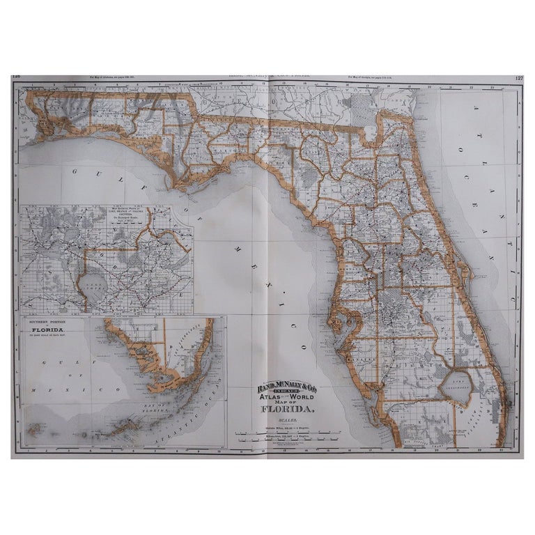 Large Original Antique Map of Florida, USA, 1894 at 1stDibs