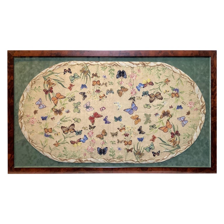 Victorian Framed Needlework of Butterflies For Sale at 1stDibs