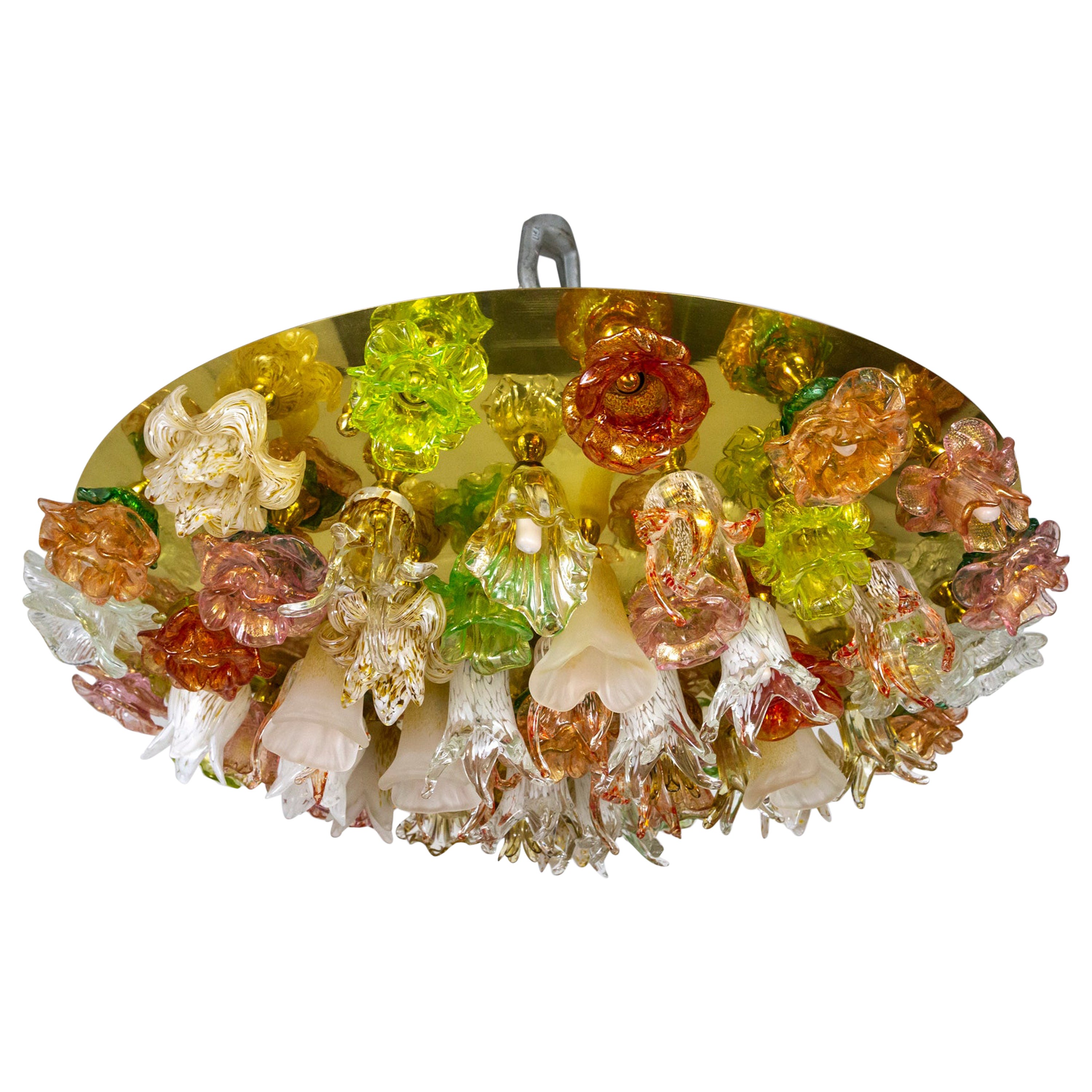 Large Murano Blown Glass Flower Bouquet Light Fixture on Brass Flush ...
