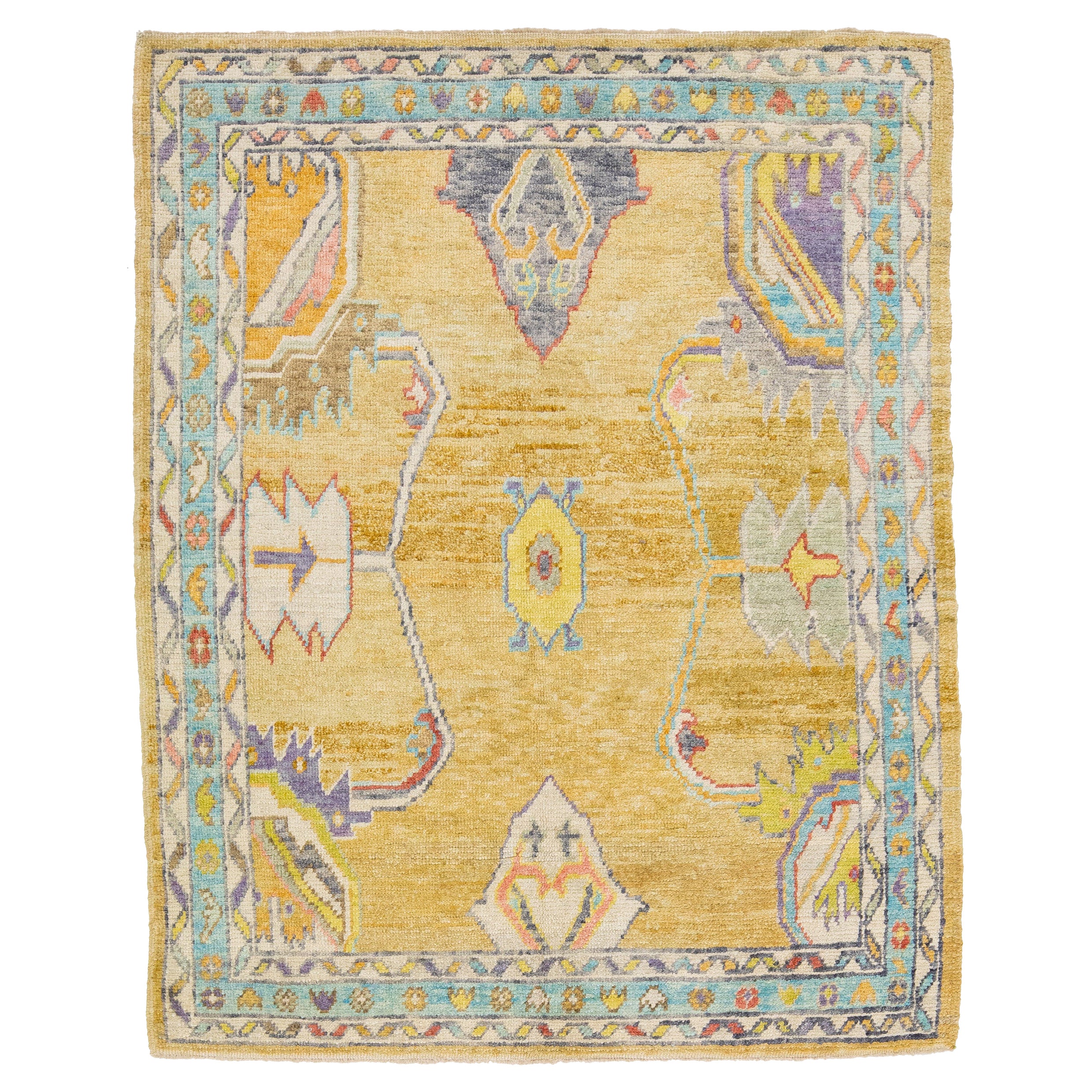 Tan Modern Indian Handmade Wool Rug With Allover Floral Motif For Sale ...