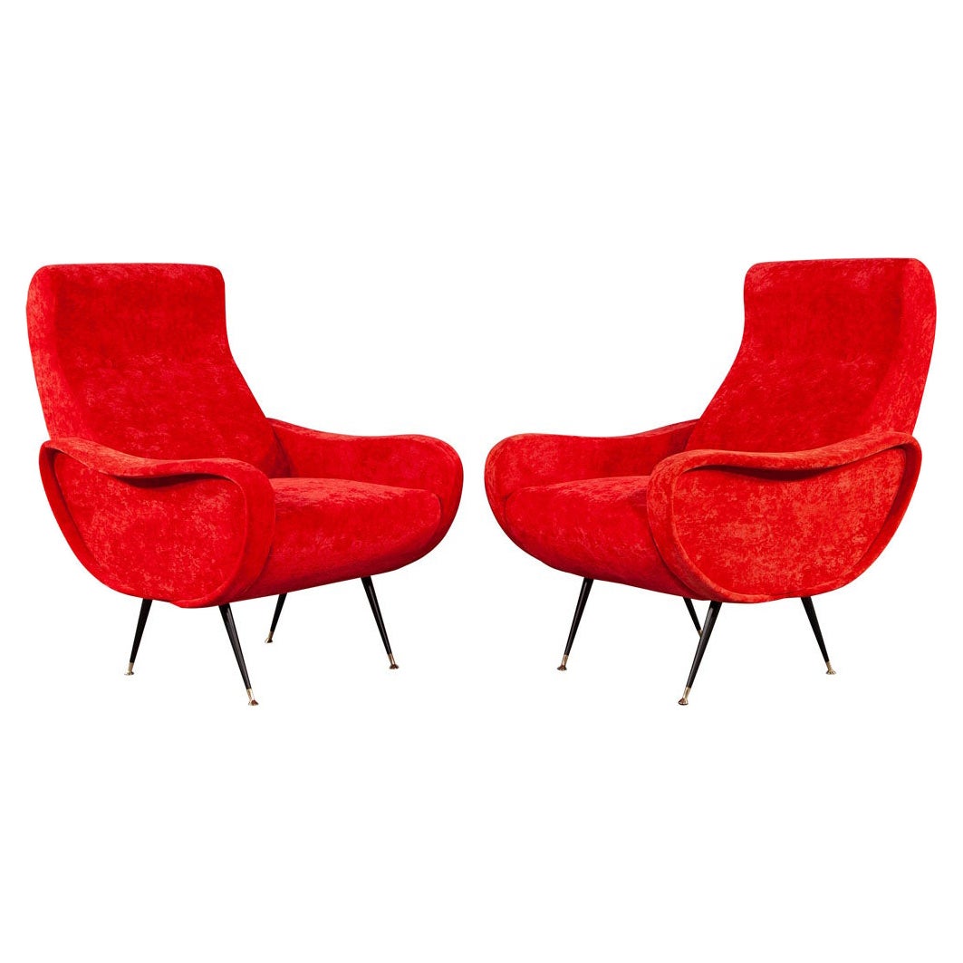 Italian Pair of Curved Lounge Chairs in Ruby Red Velvet For Sale at 1stDibs