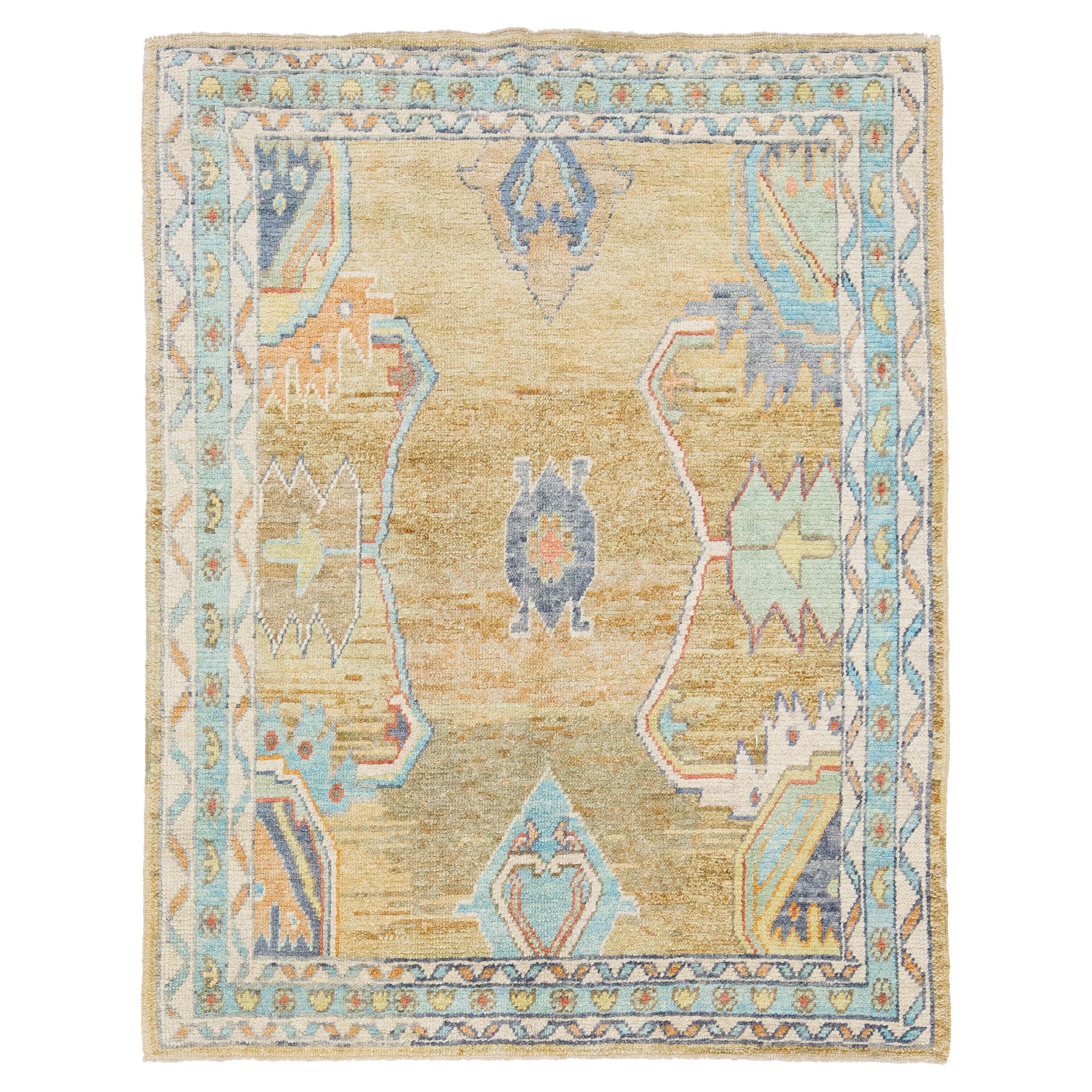 Tan Modern Indian Handmade Wool Rug With Allover Floral Motif For Sale ...
