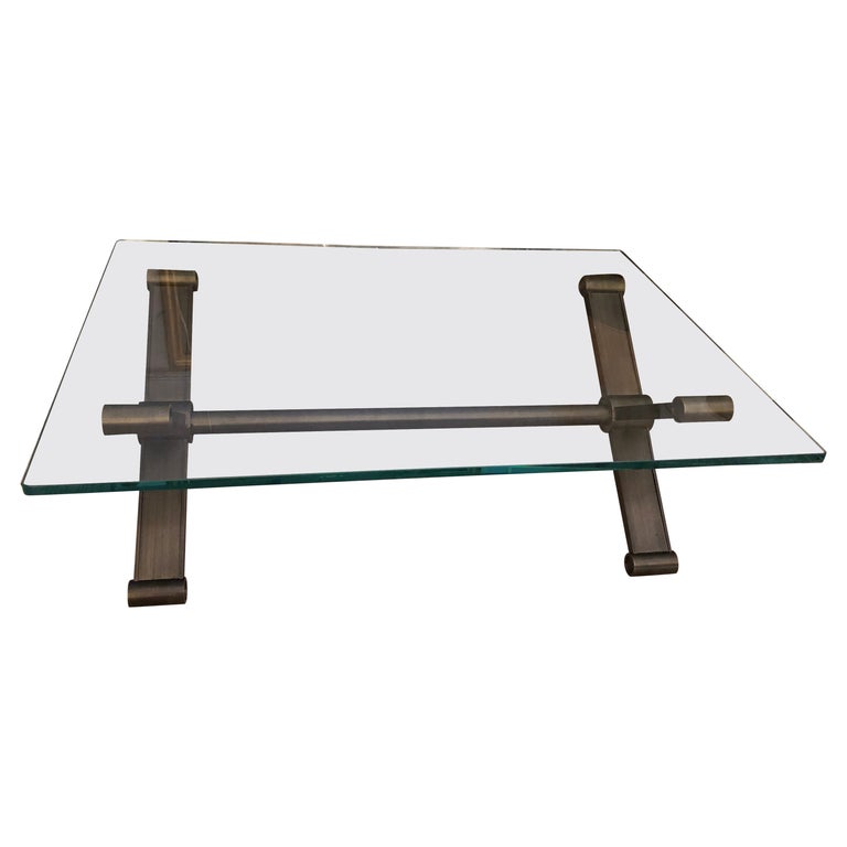 Superb Industrial Modern Glass and Steel Coffee Table For Sale at 1stDibs