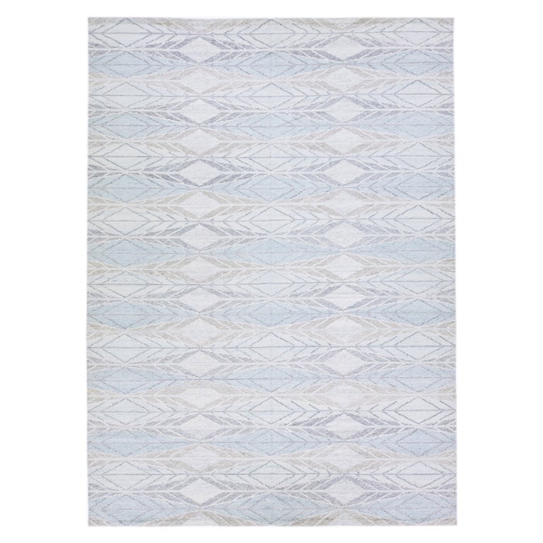Modern Swedish Style Handmade Geometric Designed Blue Wool Rug For Sale ...