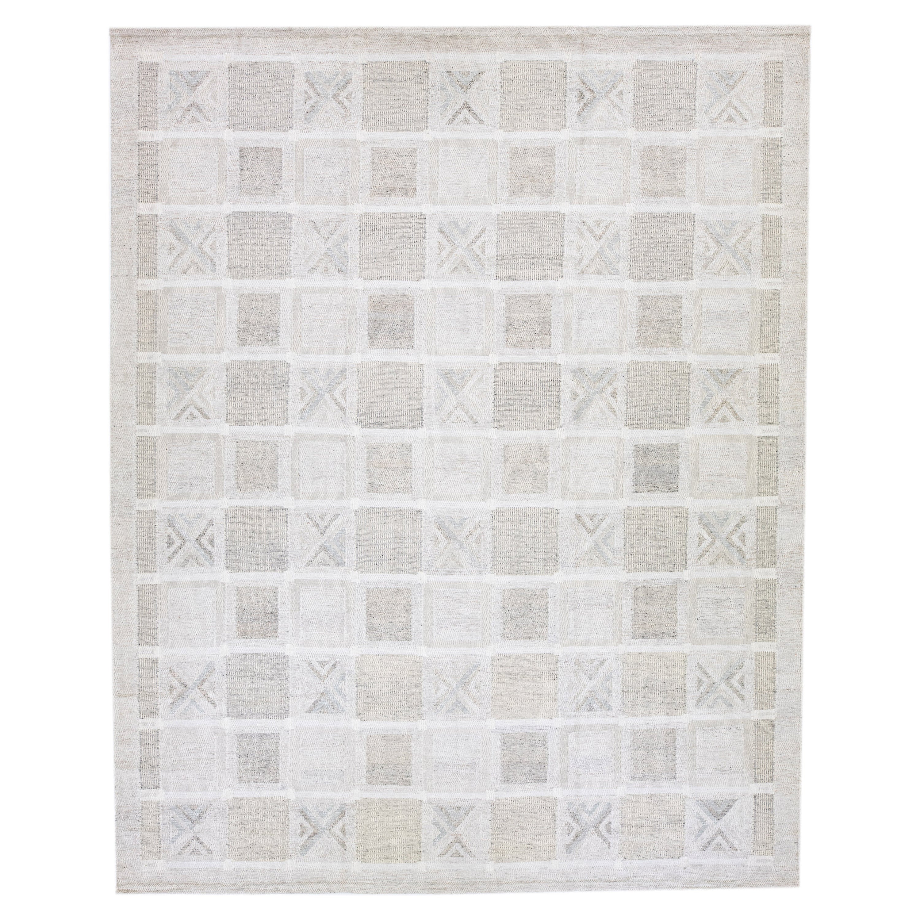 Modern Swedish Style Handmade Geometric Pattern Blue and Ivory Wool Rug ...