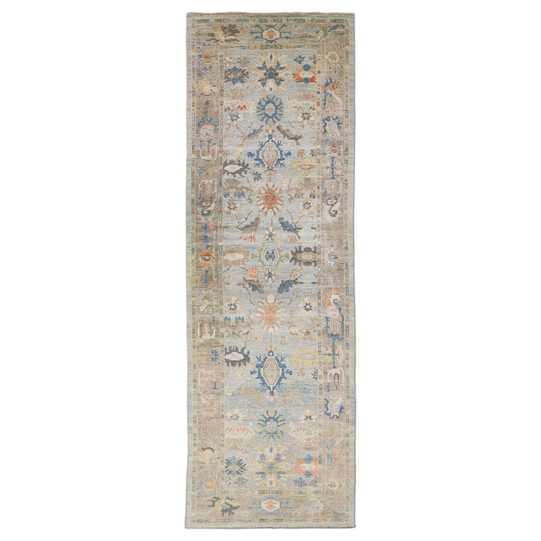 Modern Mahal Blue Handmade Wool Runner with Floral Design For Sale at ...