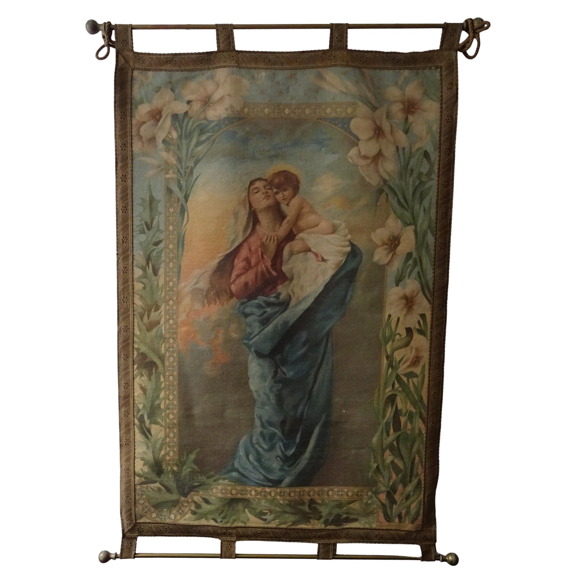 19th Century Italian Religious Banner Mary and Jesus Oliograph with ...