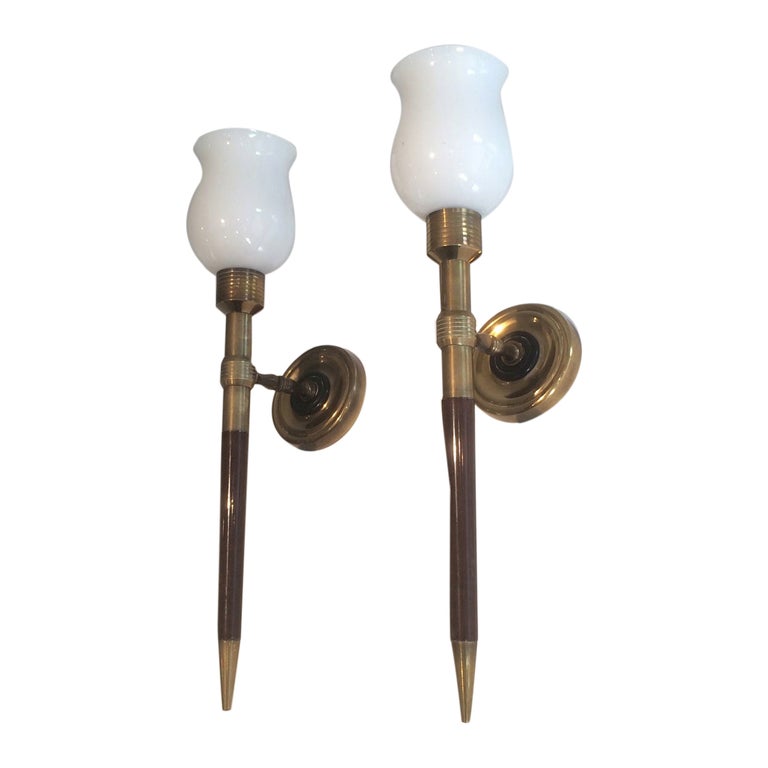 Pair of Wood, Brass and Opalin Glass Wall Sconces 'One Glass Is Broken ...