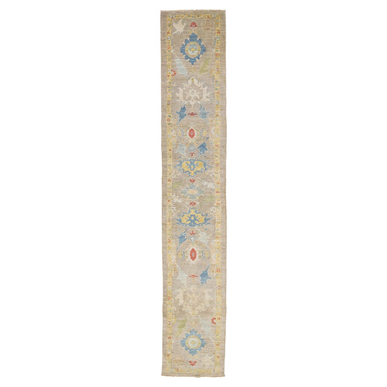 Brown Contemporary Mahal Handmade Floral Wool Runner For Sale at 1stDibs