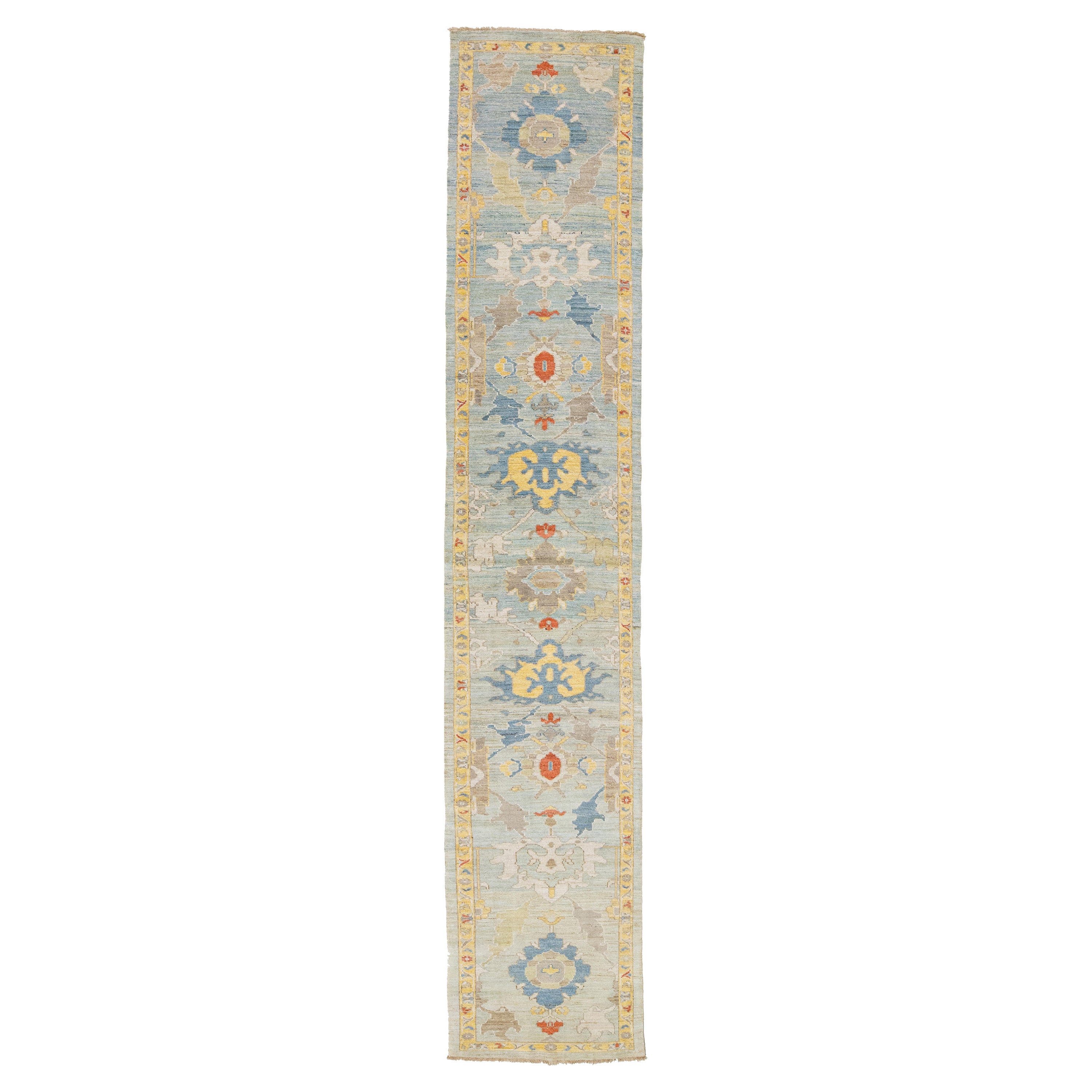 Blue Contemporary Mahal Handmade Wool Runner with Floral Motif For Sale ...