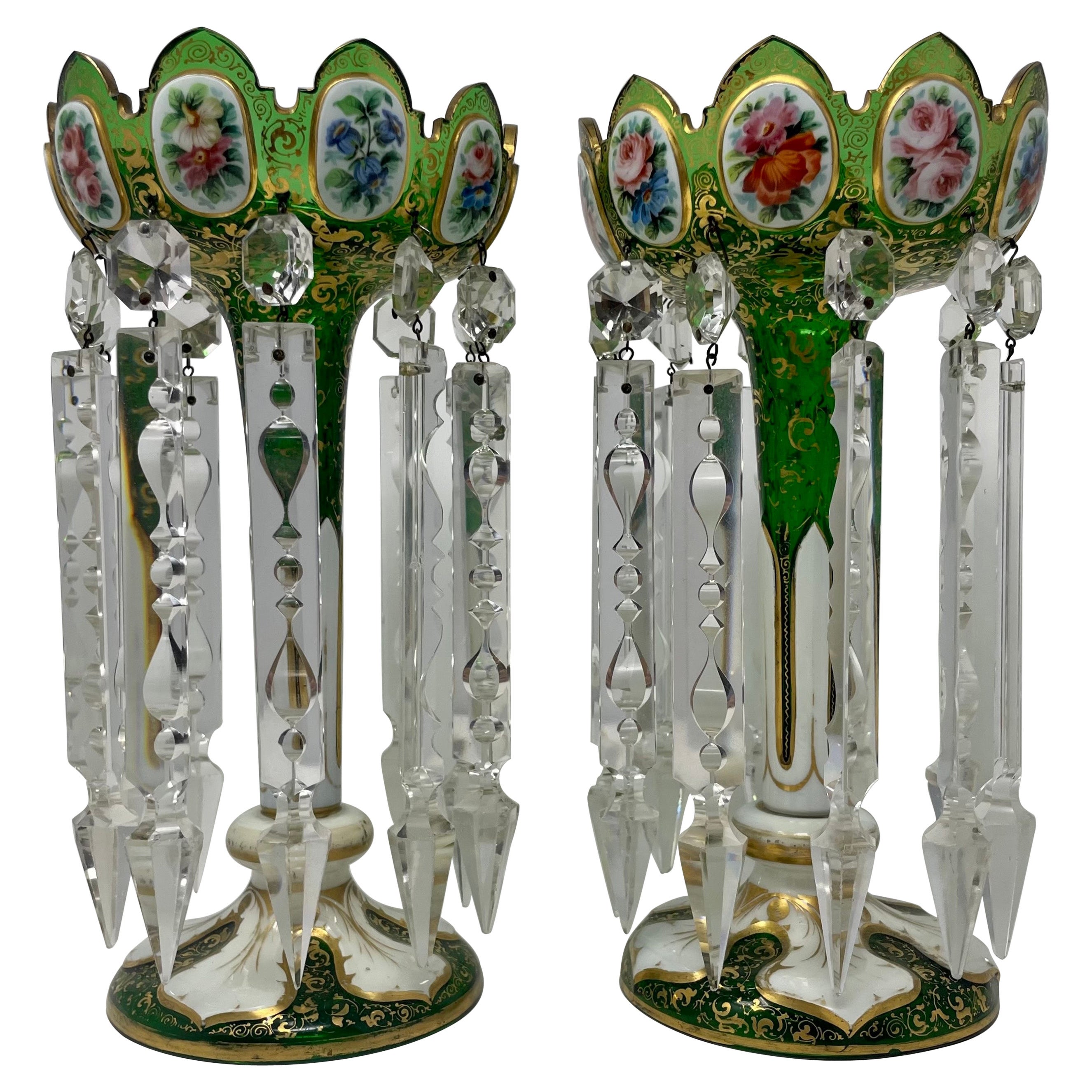 Pair of Moser Hand Blown Crystal Candlesticks with Enamel and Gilt ...