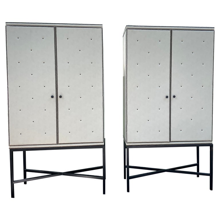 Hollywood Glam Pair of Large Custom Leather Upholstered Media Cabinets ...