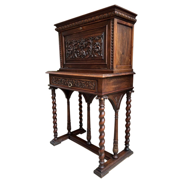 Antique French Carved Secretary Petite Desk Barley Twist Walnut Bookcase For Sale at 1stDibs
