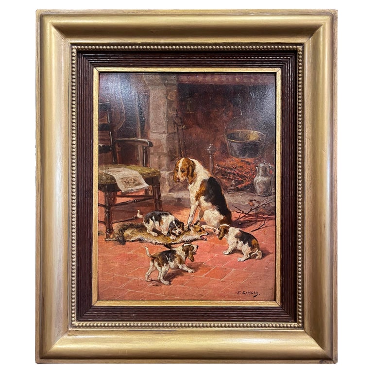 19th Century Oil on Board Beagle Painting in Carved Frame Signed E ...