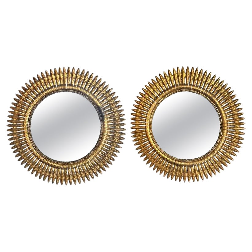 Pair of Spanish Gilt and Silver Metal Sunburst Mirrors For Sale at 1stDibs