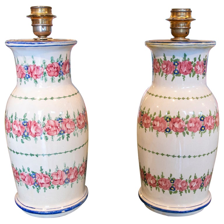 1980s, Pair of Ceramic Table Lamps with Handpainted Flowers For Sale at ...