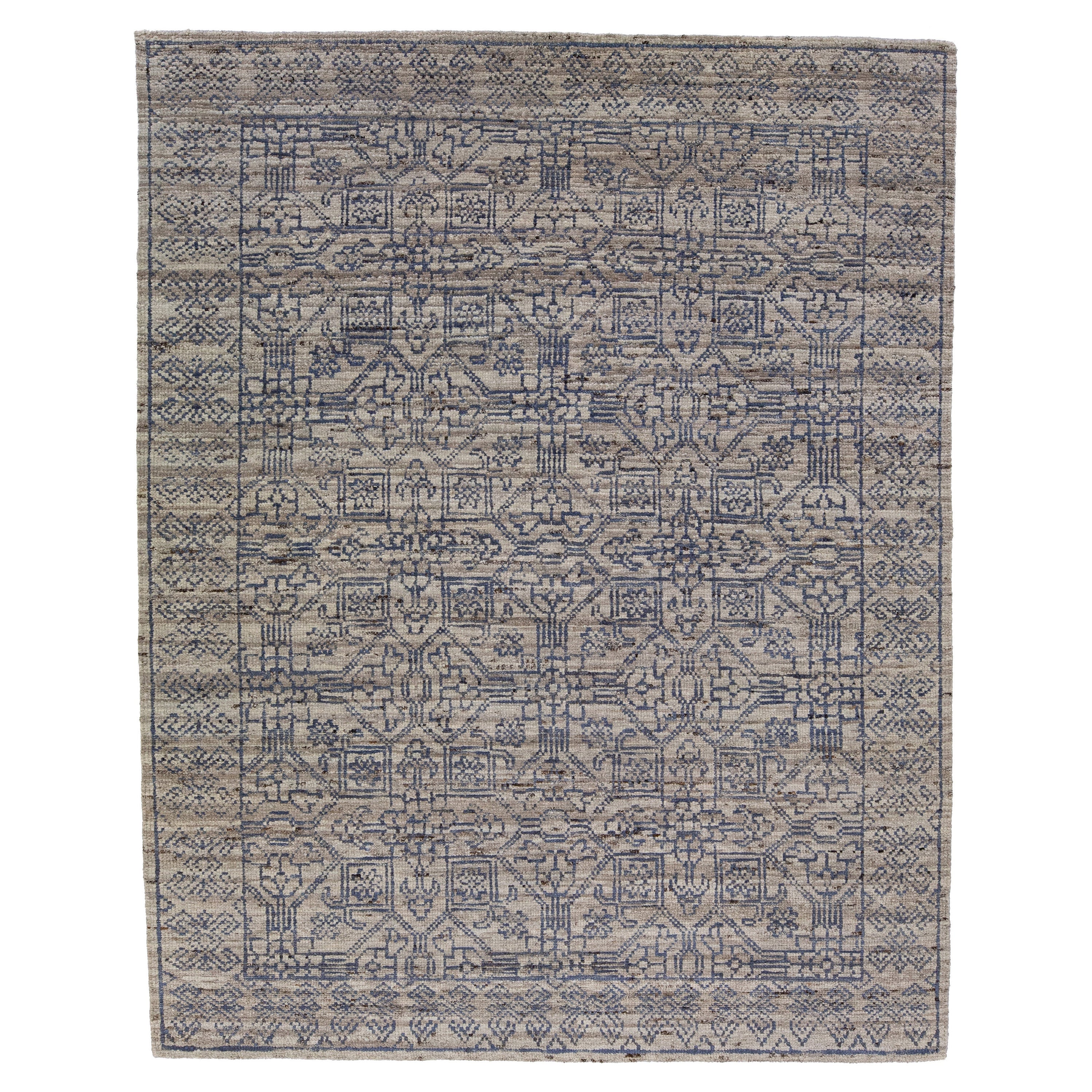 Vintage Indian Handmade Geometric Pattern Turquoise Wool and Cotton Rug ...