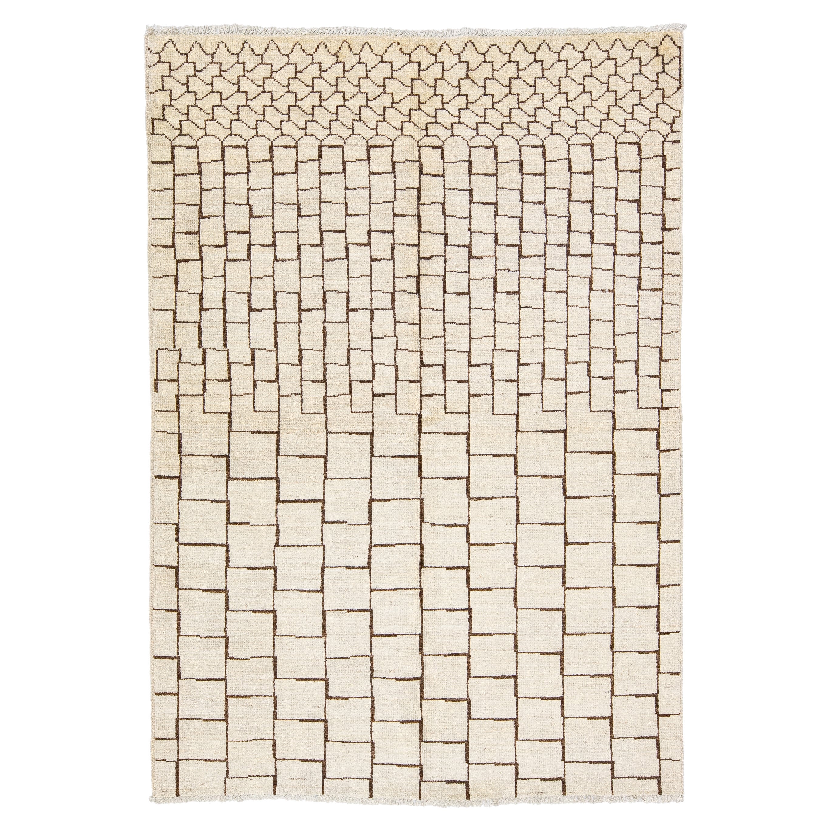 Modern Beige Moroccan Style Handmade Brown Geometric Pattern Wool Rug ...