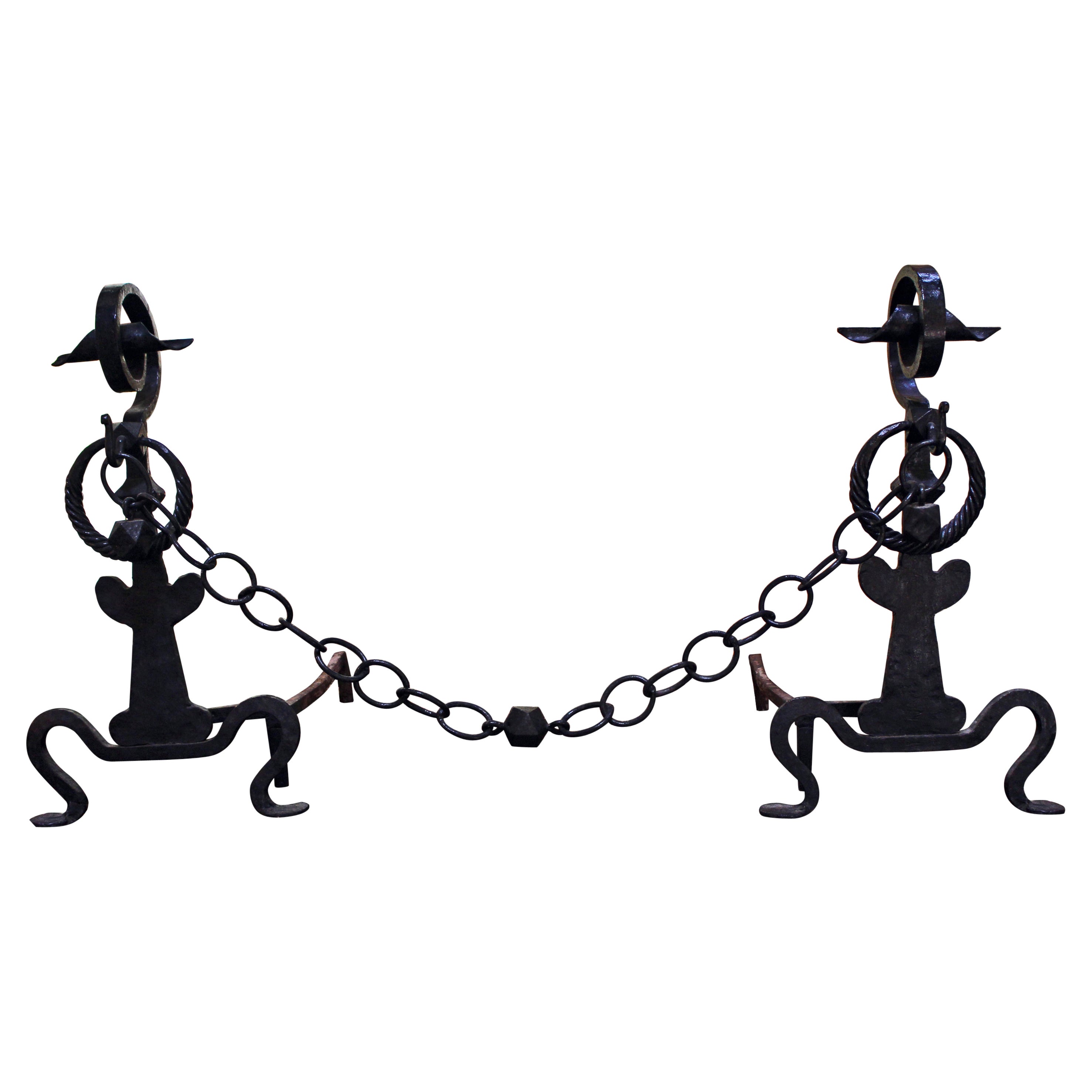 Pair of French Modern 'Keyhole' Forged Iron Andirons For Sale at 1stDibs