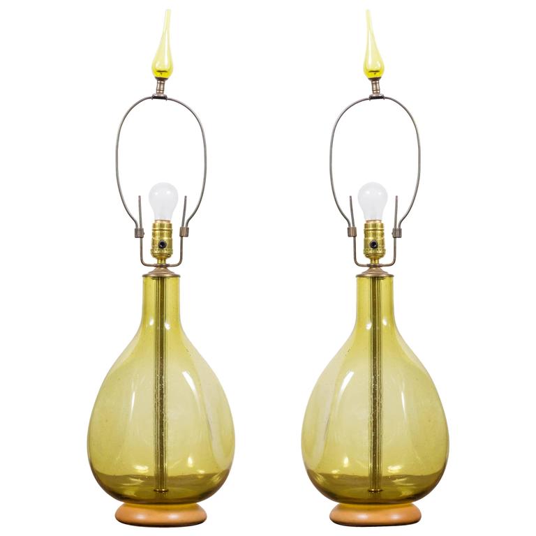 Pair of Lime Blenko Glass Lamps with Matching Finials at 1stDibs