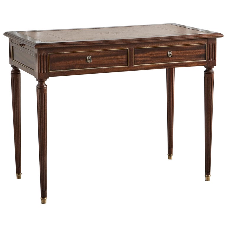 Mahogany Desk With Inlaid Leather Top and Gold Leaf Details, Early 20th ...