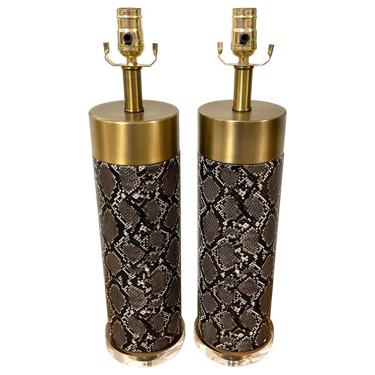 Pair of Modern Brass, Faux Snakeskin and Lucite Column Lamps For Sale ...