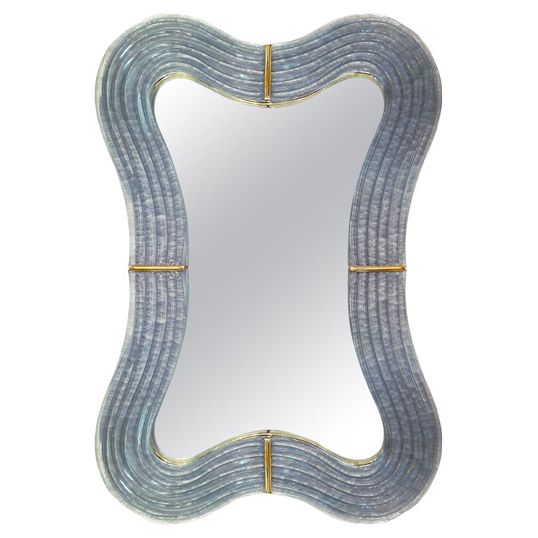 Contemporary Italian Pearl Gray Blue Murano Glass Curved Mirror and ...